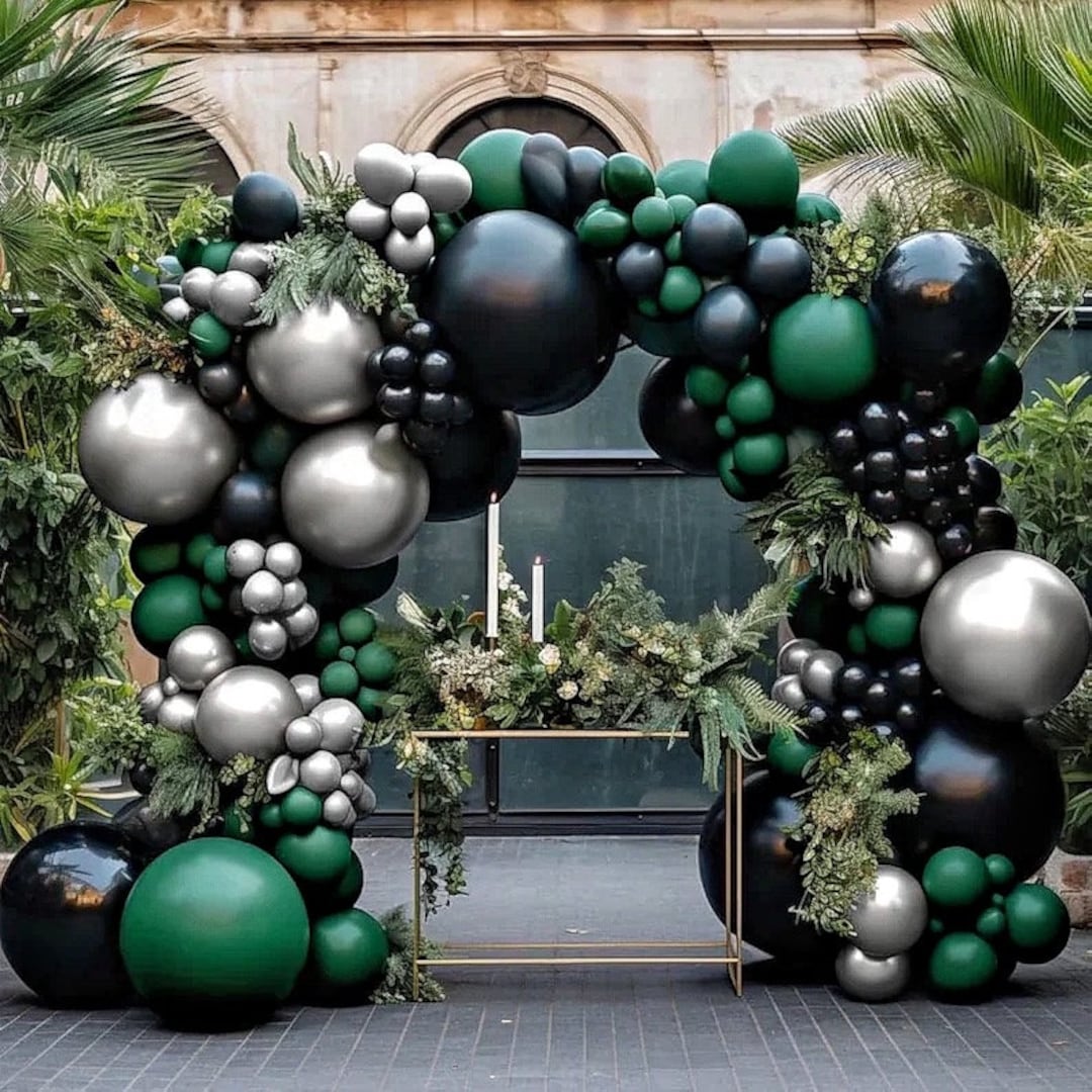 Black Green Silver Balloon Garland Double Stuffed Dark Green Black ...