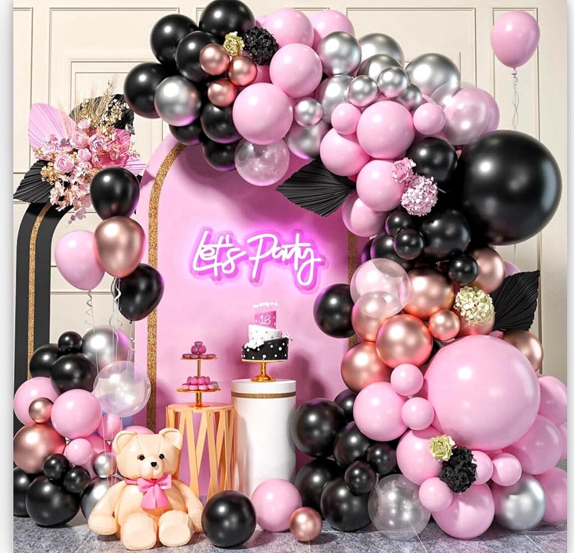 Pink and Black Balloon Arch Kit, 119pcs Pink Rose Gold Silver Balloon ...