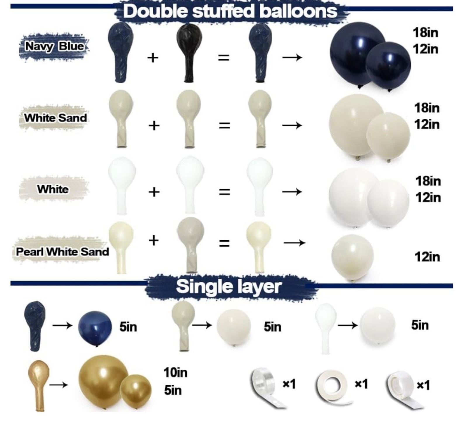 Navy Blue White Balloons Double Stuffed Balloons 18/12/10/5 Inch Royal Blue Gold Pearl White ...