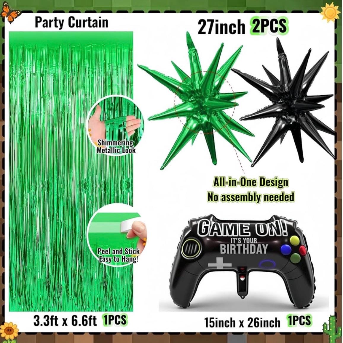 Pixel Game Birthday Party Decorations for Boys, Green Black Balloon ...