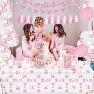 Pink Bow Birthday Party Decorations Set, Girl Bow Themed Glittery Happy ...