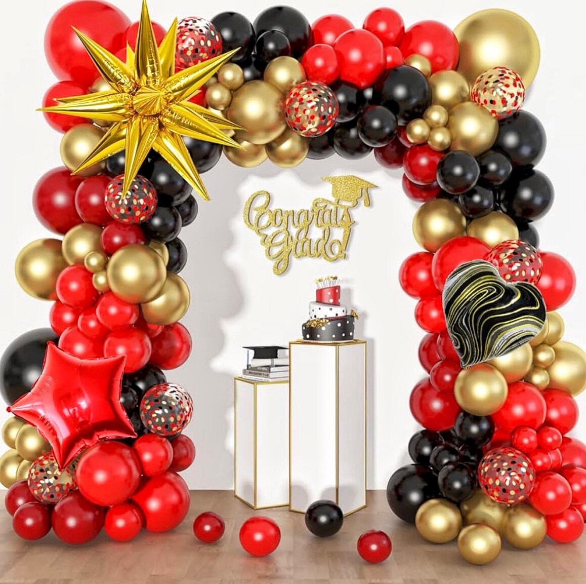 Red Black Gold Balloons Arch Kit 117pcs Red Black Gold Confetti Star ...