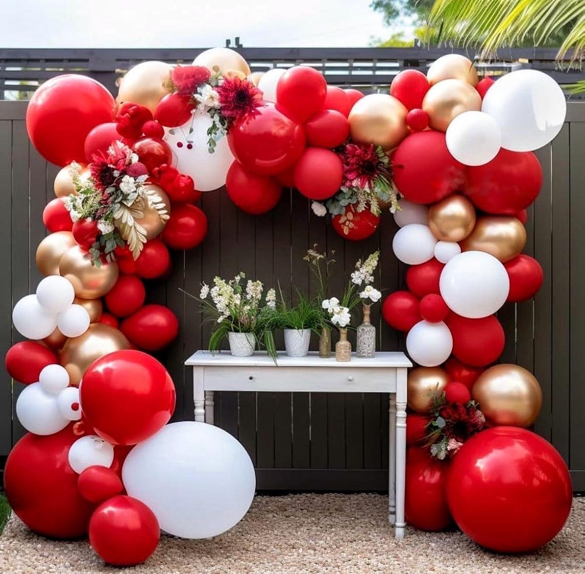 Red White Gold Balloon Arch Double Stuffed Red and White Balloons Matte ...