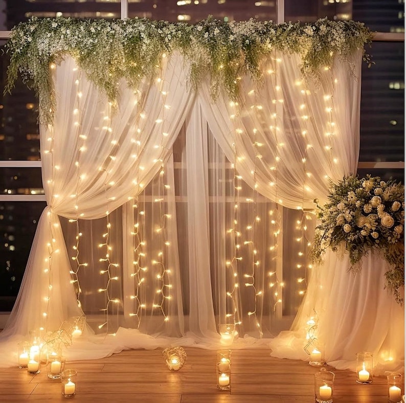 White Sheer Tulle Backdrop Curtain With Lights String Wedding Backdrop ...