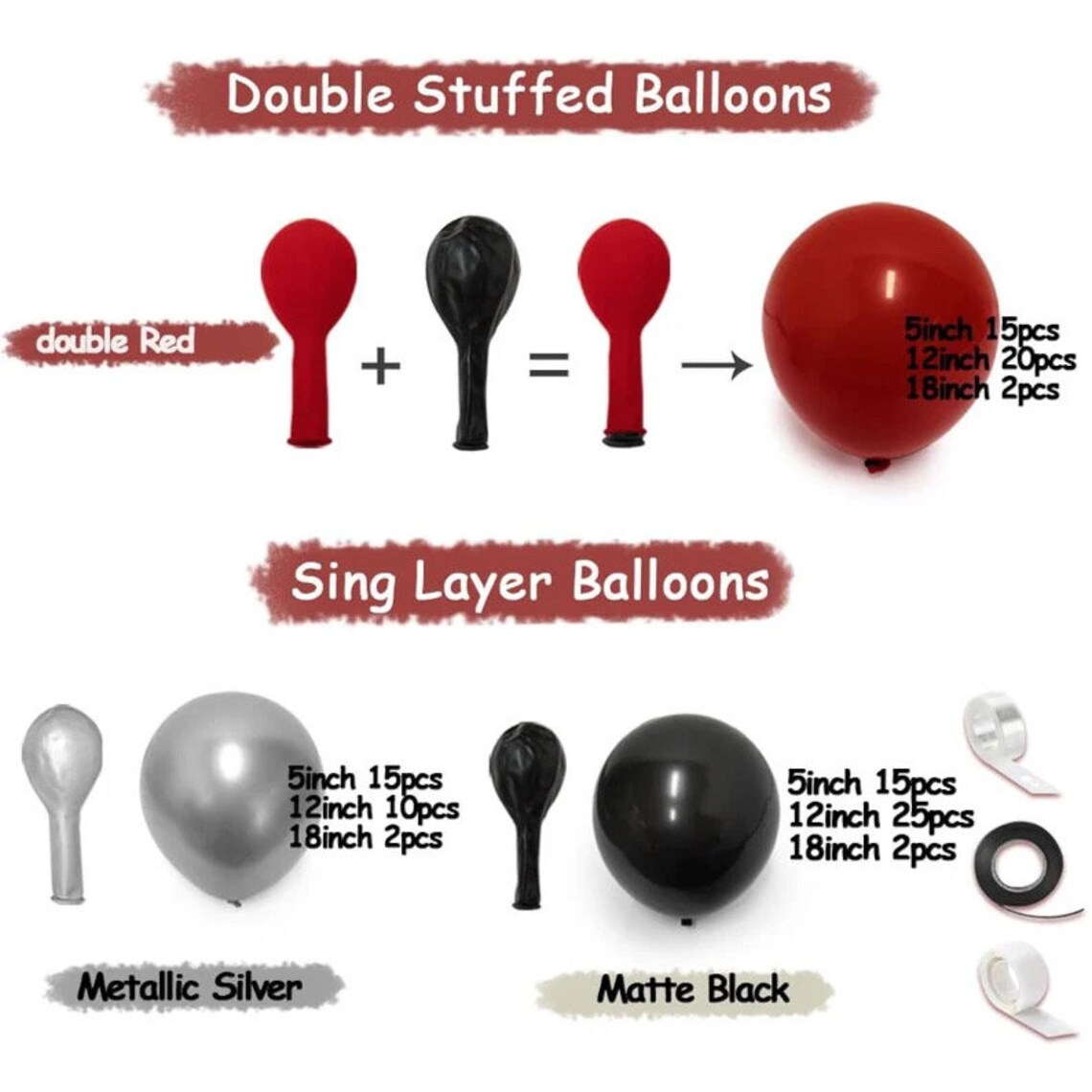 Black Red Silver Balloon Garland Double Stuffed Red Black Balloons ...