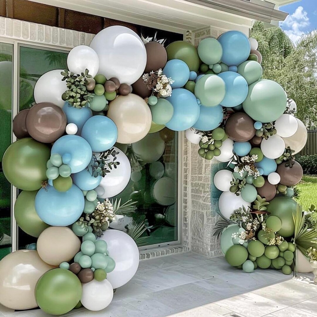 Sage Green Blue Balloon Garland Double Stuffed Dusty Green White Sand ...
