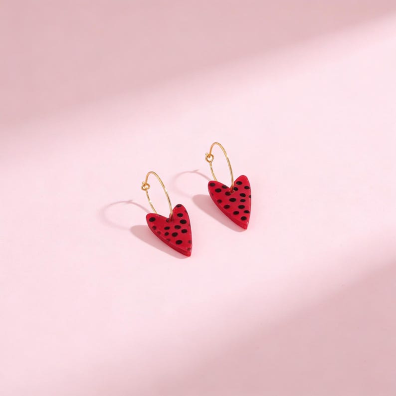 Red Polka Dot Heart Hoop Earrings | Handmade Polymer Clay Statement ...