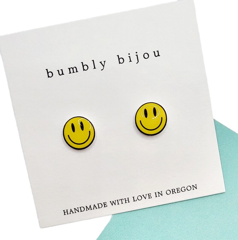 SMILEY FACE Earrings / Hypoallergenic Titanium Posts / Yellow - Etsy