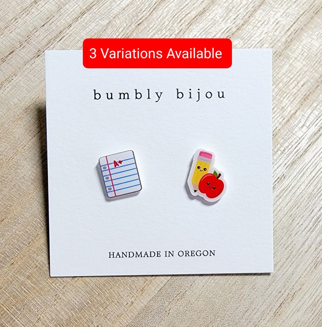 PENCIL & PAPER W/ Apple Stud Earrings / Hypoallergenic Titanium ...