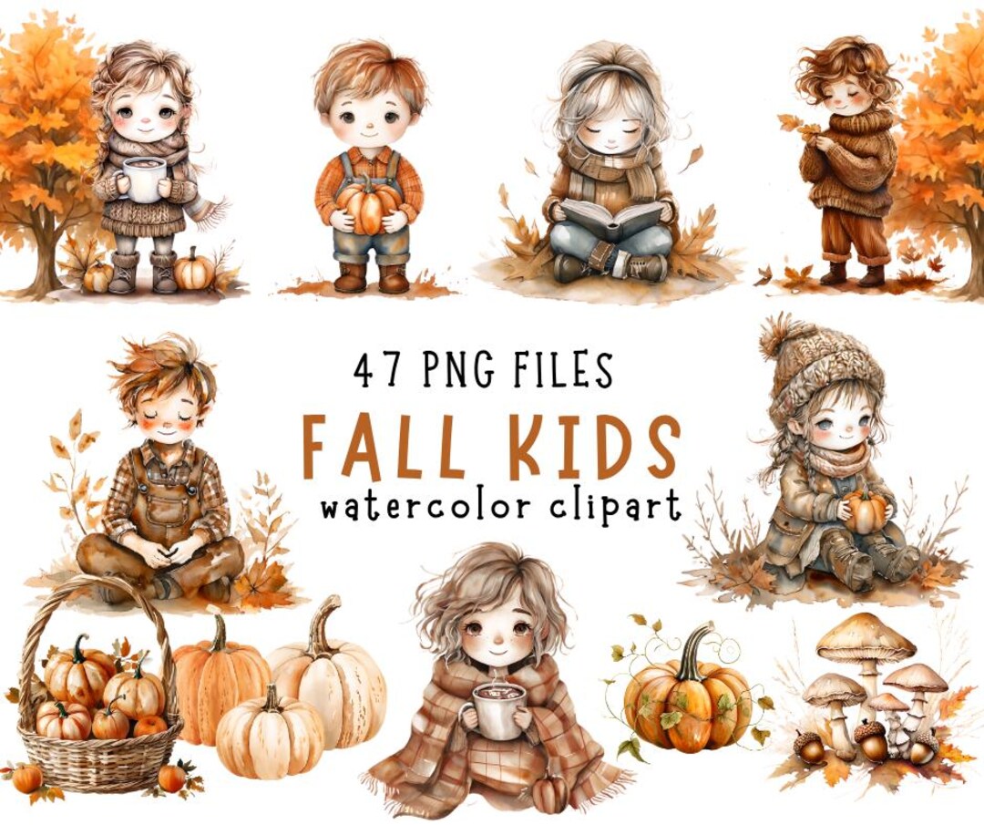 Fall Kids Watercolor Clipart Bundle, Autumn PNG, Commercial Use ...