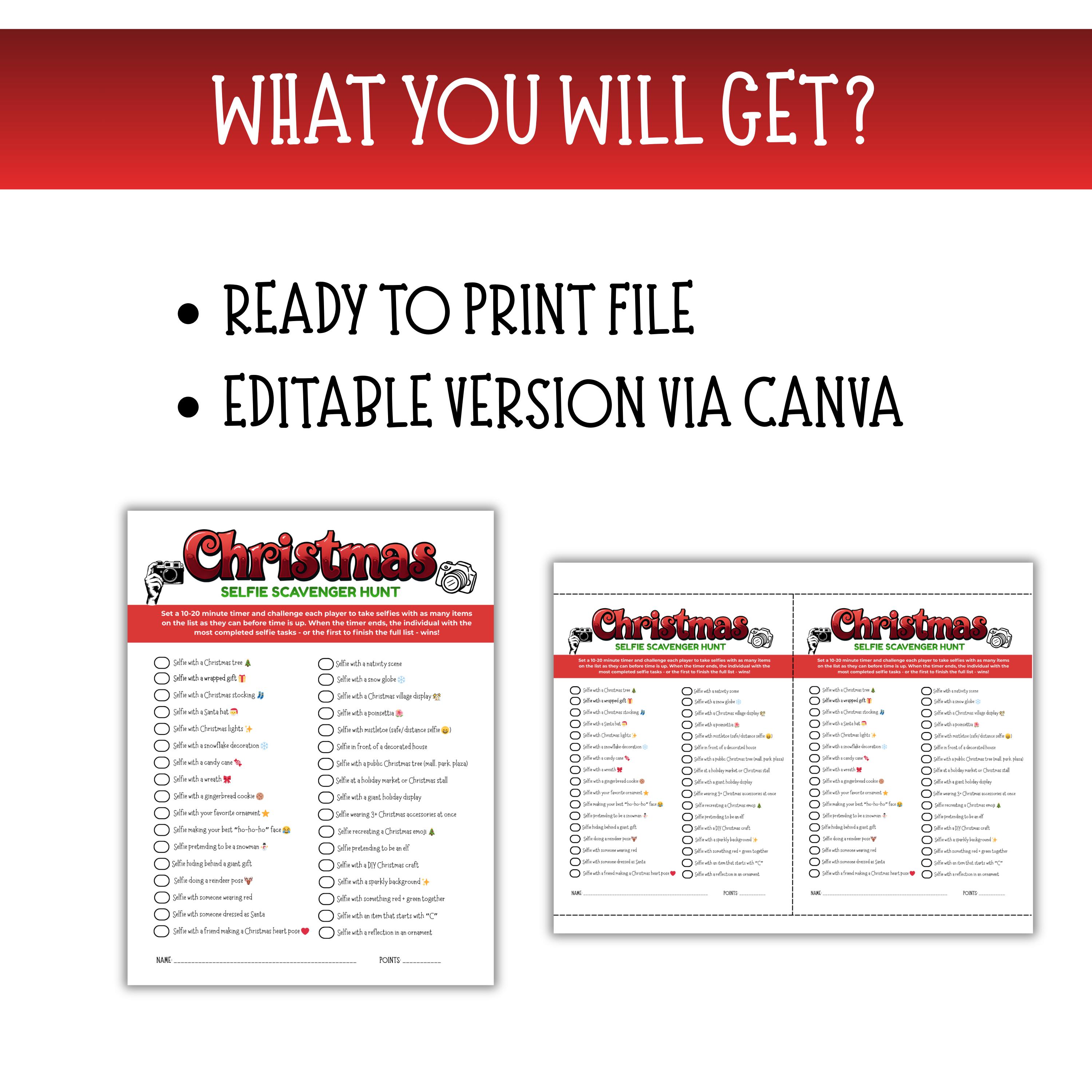 Printable Christmas Selfie Scavenger Hunt Game, Editable Christmas ...