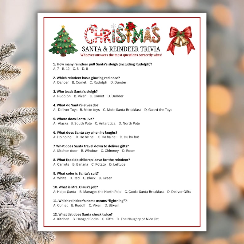 Christmas Santa & Reindeer Trivia Game Printable, Holiday Party Quiz ...