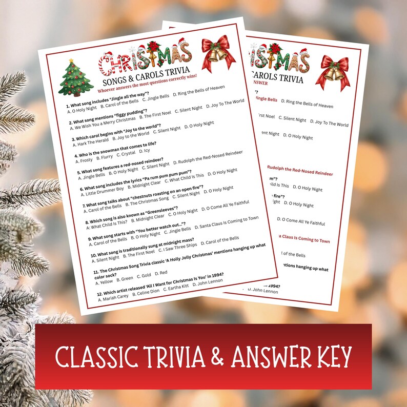 Christmas Songs & Carols Trivia Game Printable, Holiday Party Game ...
