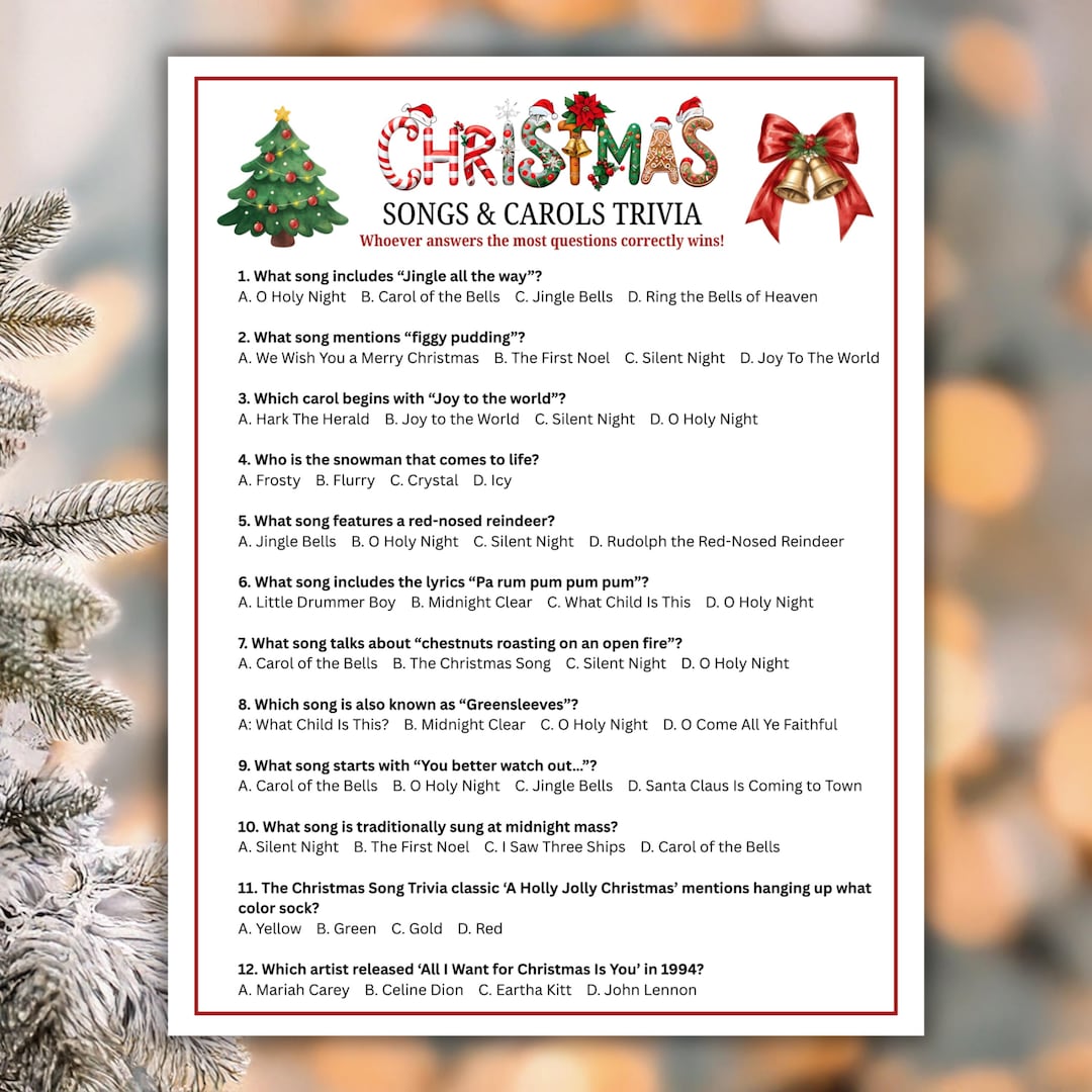 Christmas Songs & Carols Trivia Game Printable, Holiday Party Game ...