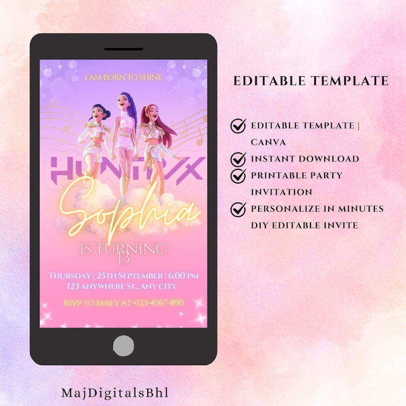 Kpop Demon Hunters Birthday Invitation | Editable Canva Template ...