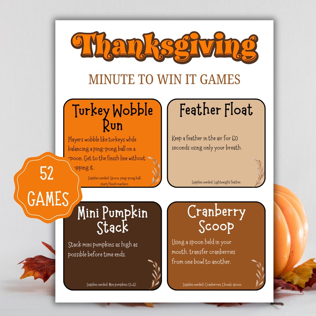 Thanksgiving Minute to Win It Games Printable, 52 Fun Party Games, Fall ...
