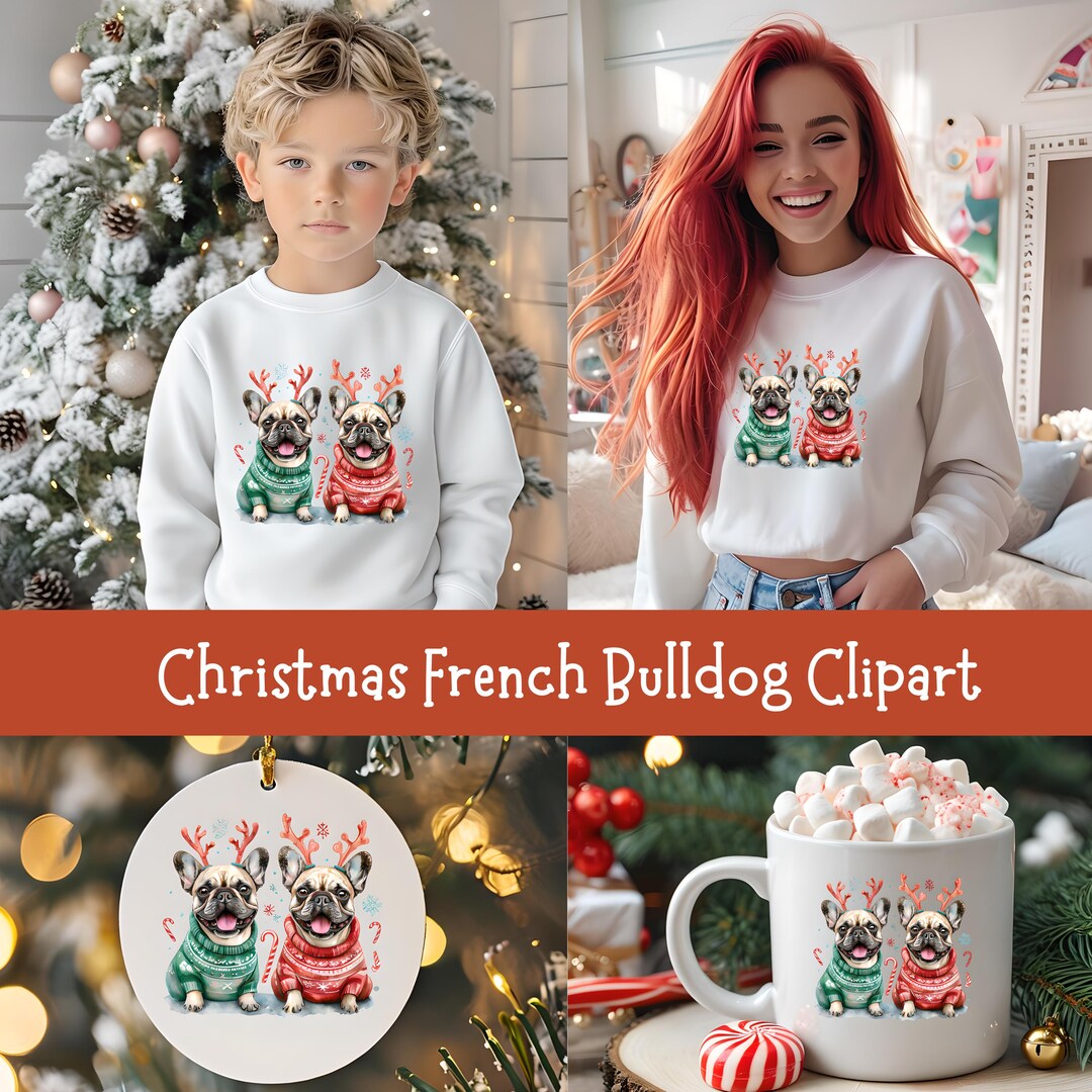 Christmas French Bulldog Clipart, Cute Holiday Dog PNG, Reindeer ...