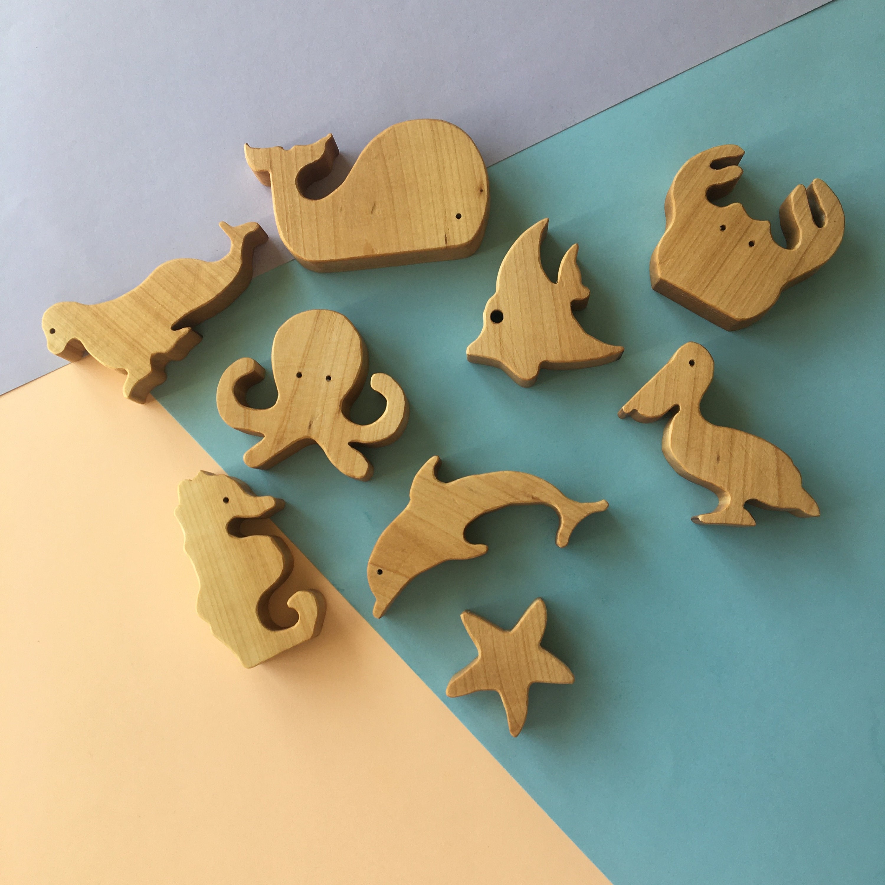 Wooden Set of Sea Animals, Wooden Toys, Gift for Baby, Natural Toys ...