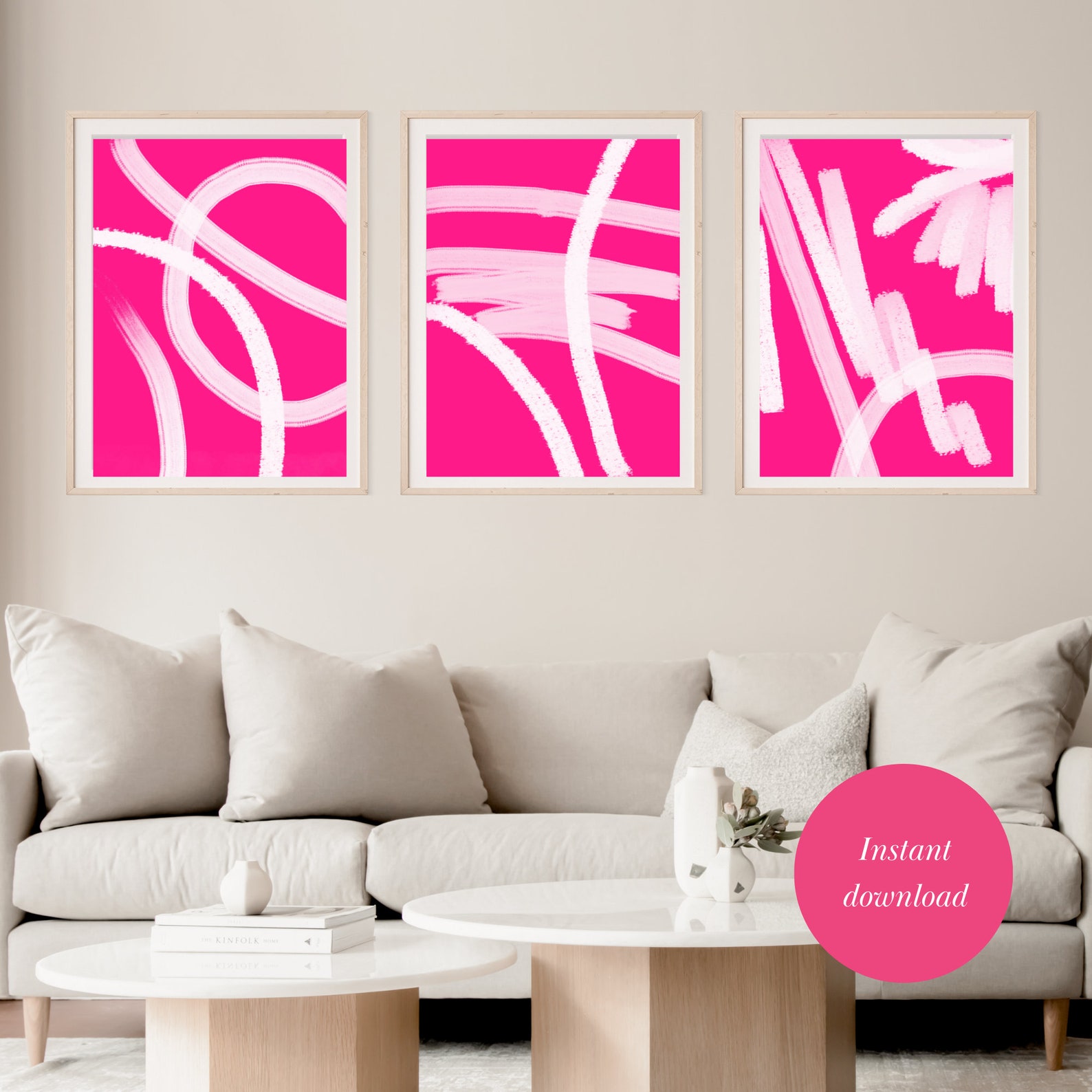 Hot Pink Wall Art Set of 3 Prints , Set of 3 Pink Prints, Over Sofa ...