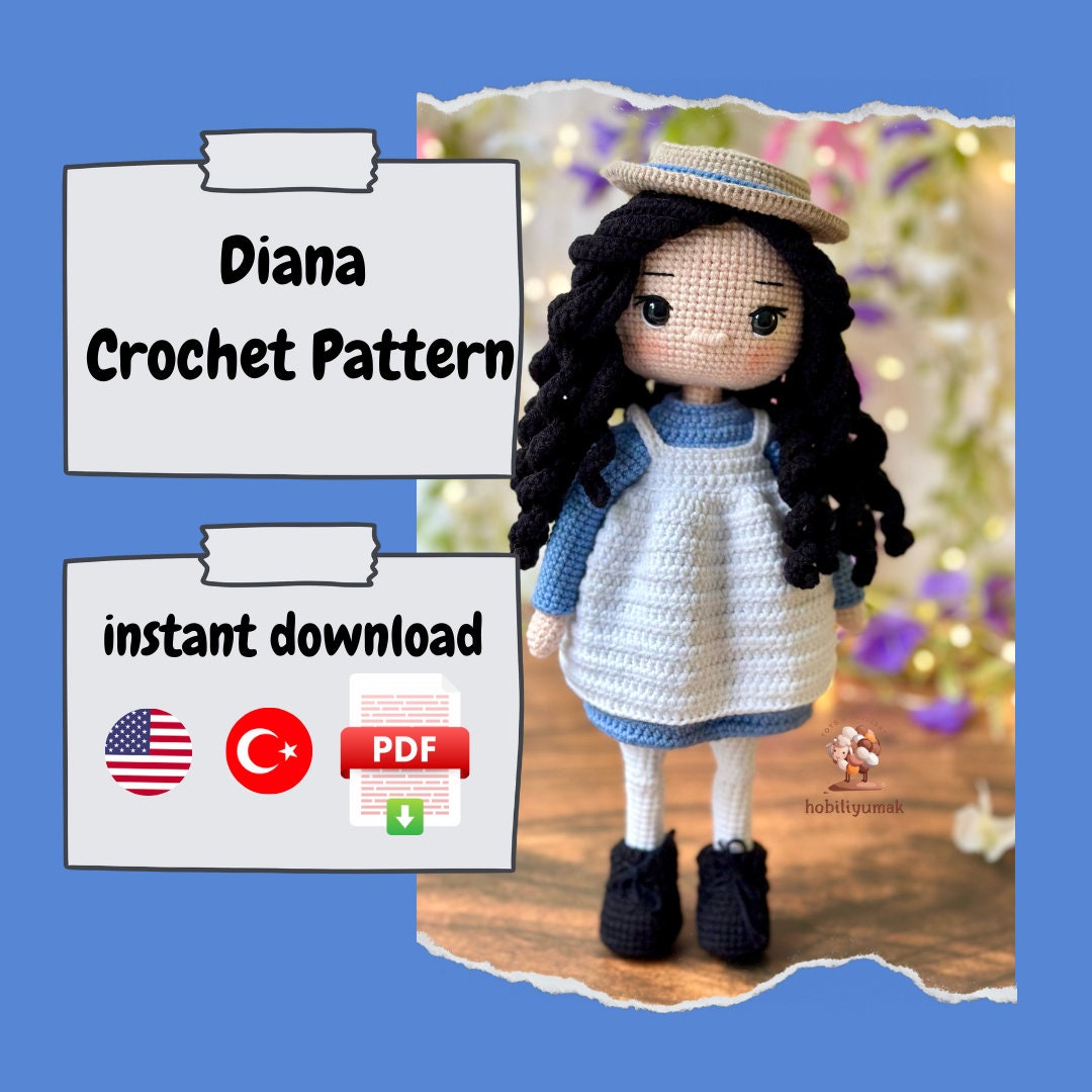Diana Amigurumi Crochet Pattern,black Hair Blue Dress Vintage Girl ...