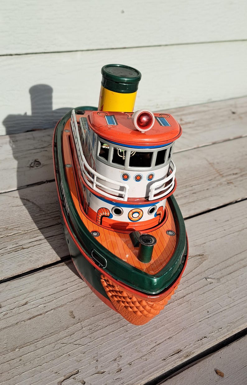 Vintage 1950s Working Japanese-made Tin Lithograph Tugboat, Battery ...