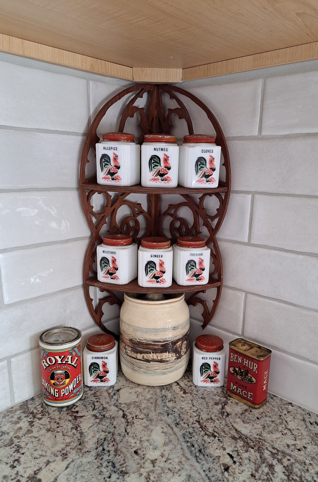 Vintage 1940s Tipp USA Milk Glass 8-piece Rooster Spice Set, Chippy Red Tin Lid Spice Jars ...