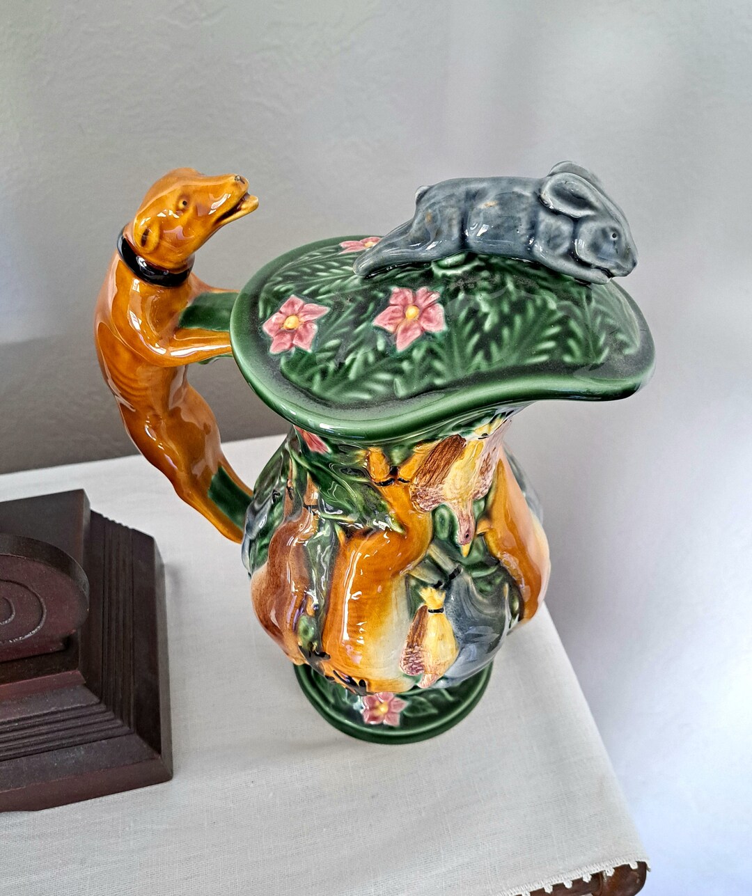 20th Cent Portuguese Majolica Wild Game Pitcher/lid, Greyhound Pitcher ...