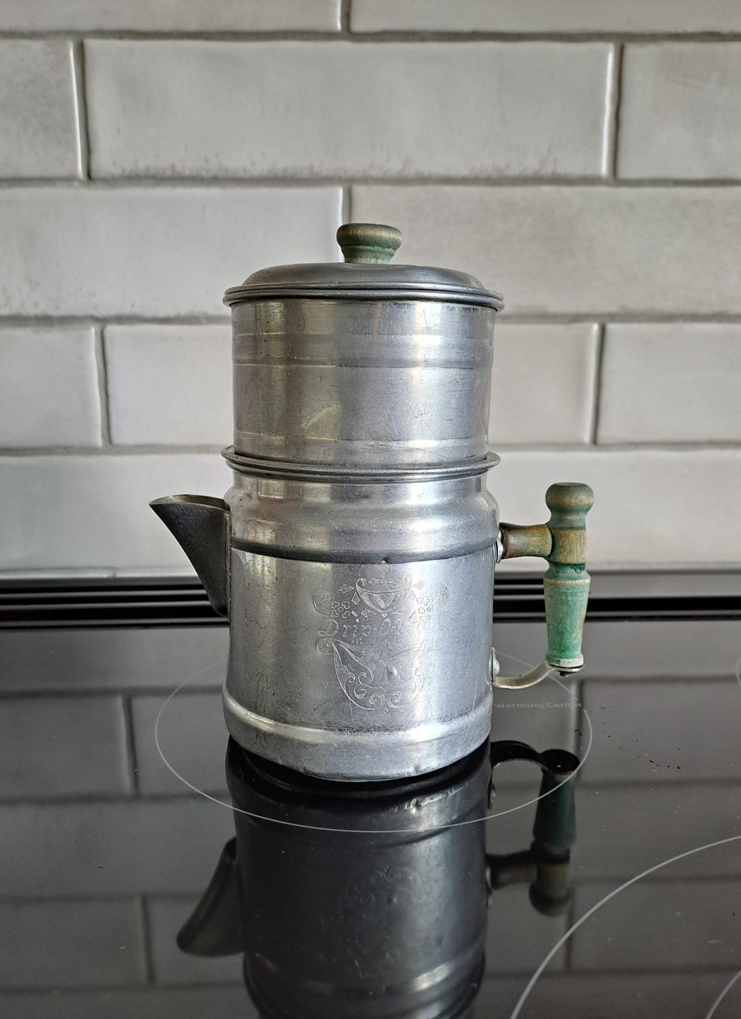 VTG 1930s Drip-o-lator 1-2 Cup Aluminum Coffee Pot, 4-pc, Green Wooden ...