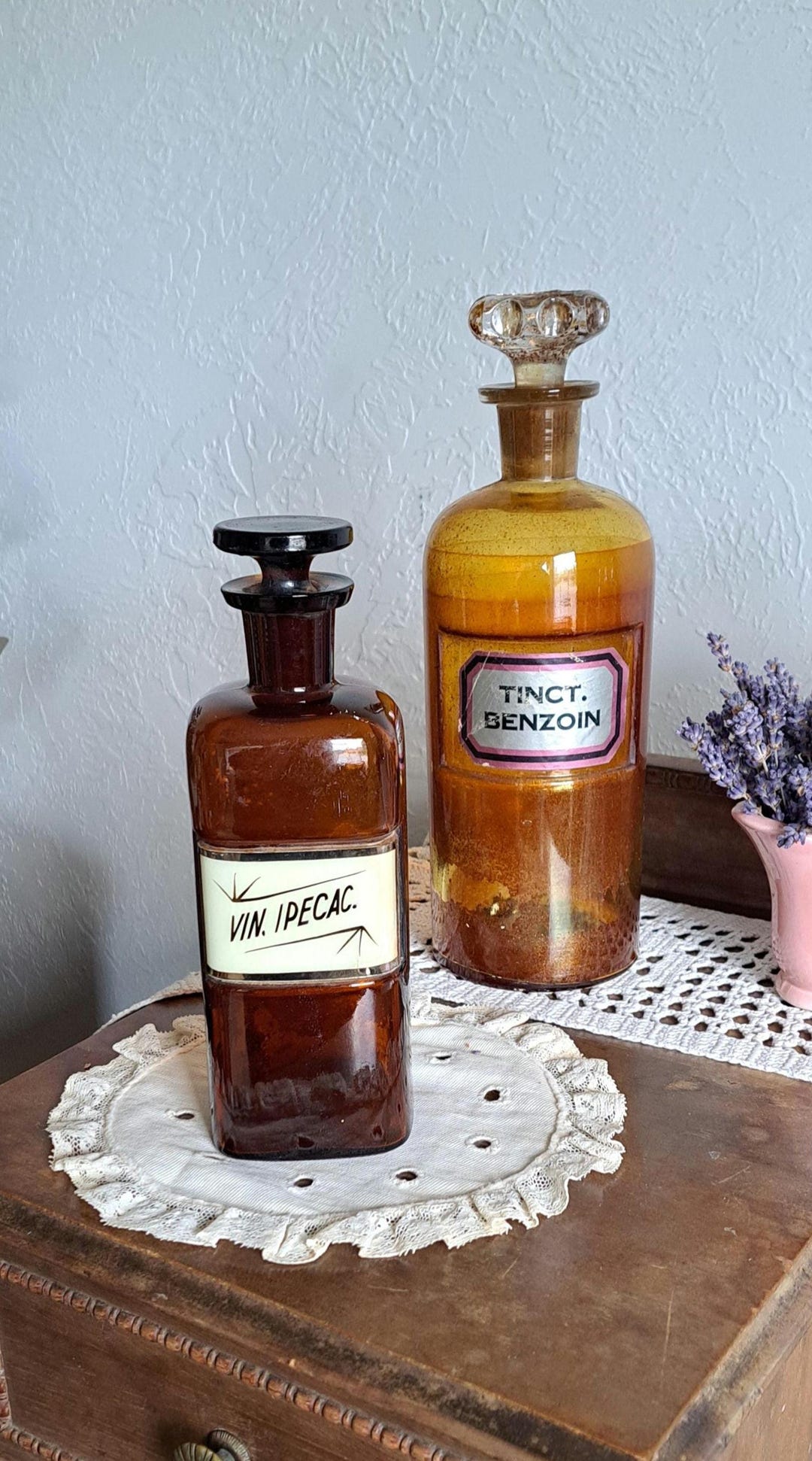 Antique Amber Apothecary Bottles, Labeled Syrup of Ipecac and Tincture ...