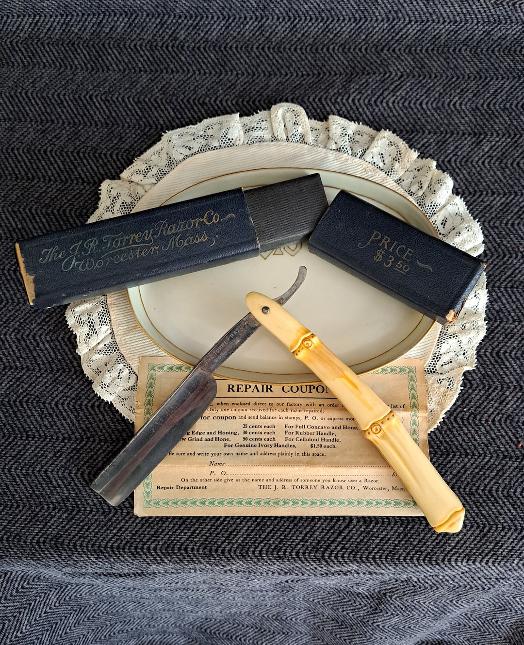 Antique JR Torrey Straight Edge Razor, Celluloid skeleton Handle ...