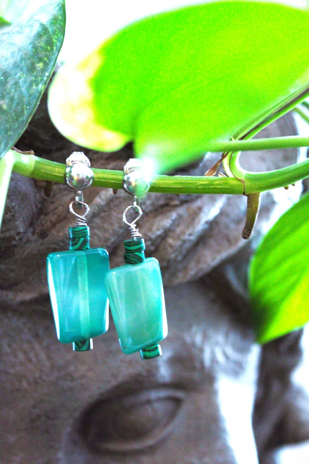 Green Jade & Malachite Dangle Clip on Earrings - Etsy