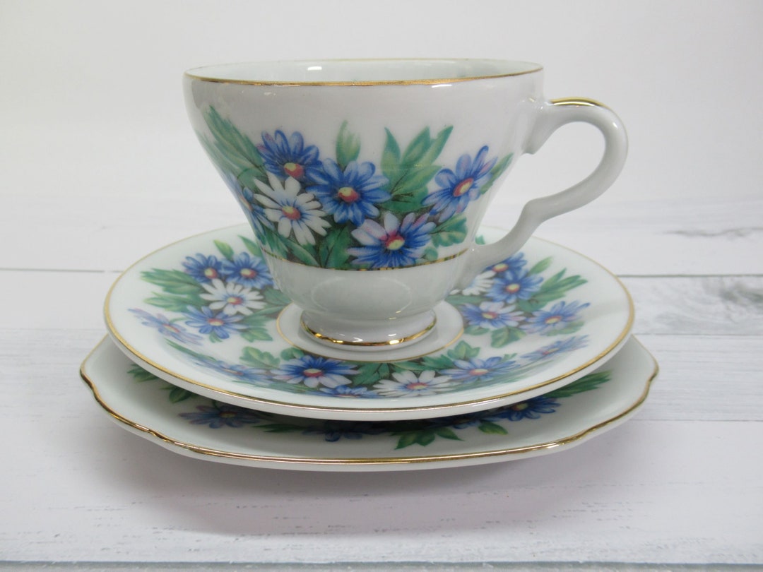 Vintage Cherry China Japan Porcelain Trio Blue Daisies. - Etsy