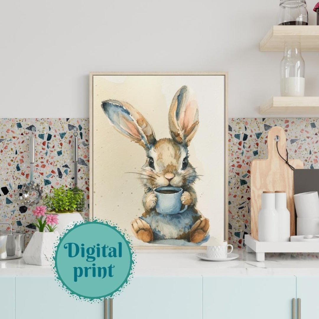Bunny With Coffee - Kitchen Digital Art - Home Wall Artwork - PNG - JPG ...