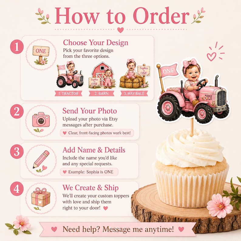 Pink Farm Cupcake Toppers | Custom Photo First Birthday Girl Farm Theme ...