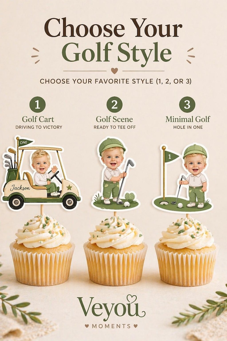 Custom Face Golf Cupcake Toppers | Hole in One First Birthday Party ...