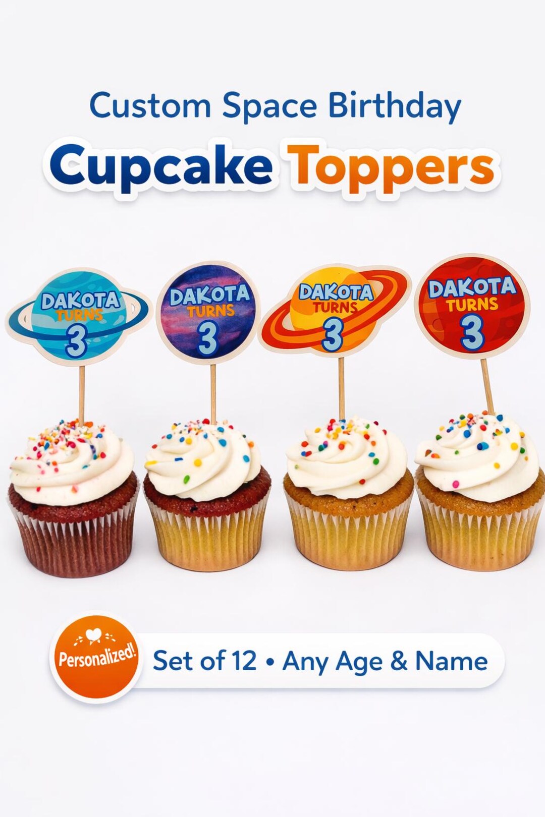 Custom Space Birthday Cupcake Toppers, Personalized Name Age Set - Etsy