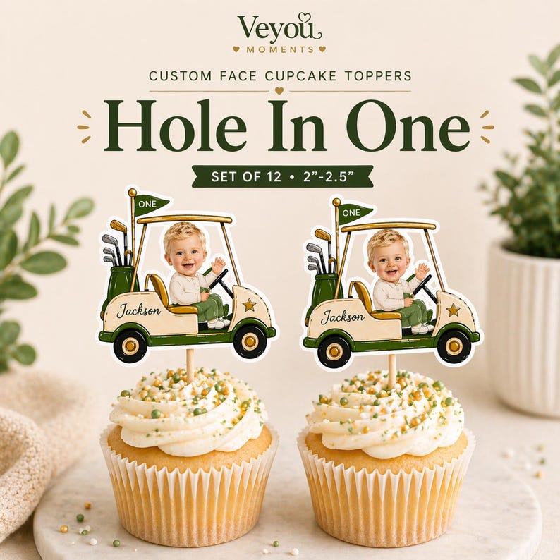 Custom Face Golf Cupcake Toppers | Hole in One First Birthday Party ...