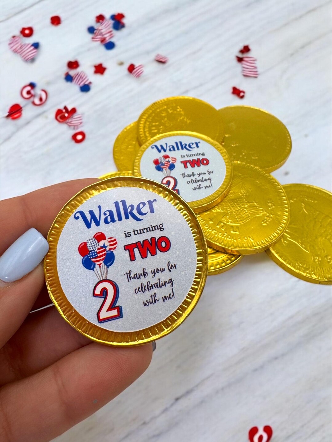 Red White and TWO Chocolate Coin Stickers – 2nd Birthday Favors, Set of ...