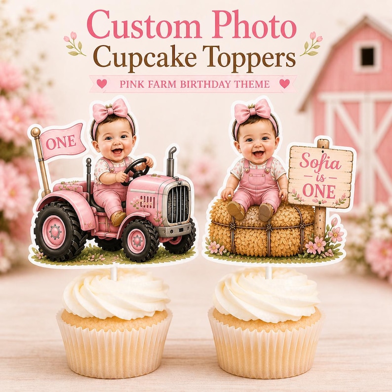 Pink Farm Cupcake Toppers | Custom Photo First Birthday Girl Farm Theme ...