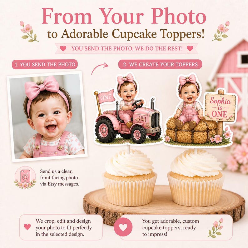 Pink Farm Cupcake Toppers | Custom Photo First Birthday Girl Farm Theme ...