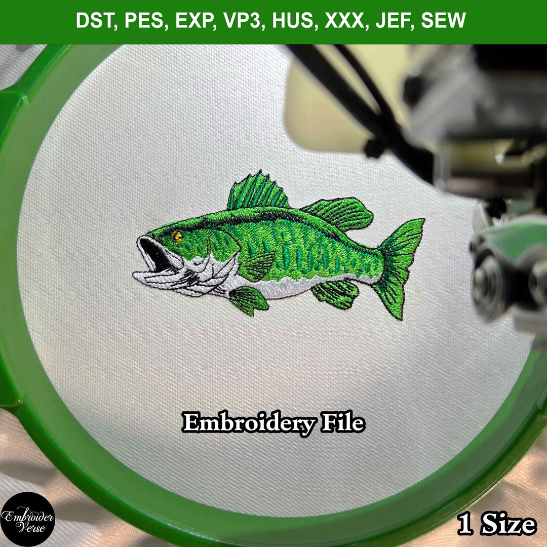 Bass Fish Embroidery Machine Design File, Trendy Hat Embroidery Pattern ...