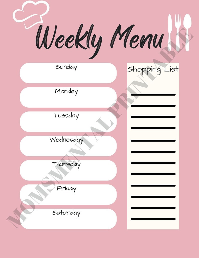 Printable Weekly Menu, Shopping List, Feminine Modern Menu, Pink Weekly ...