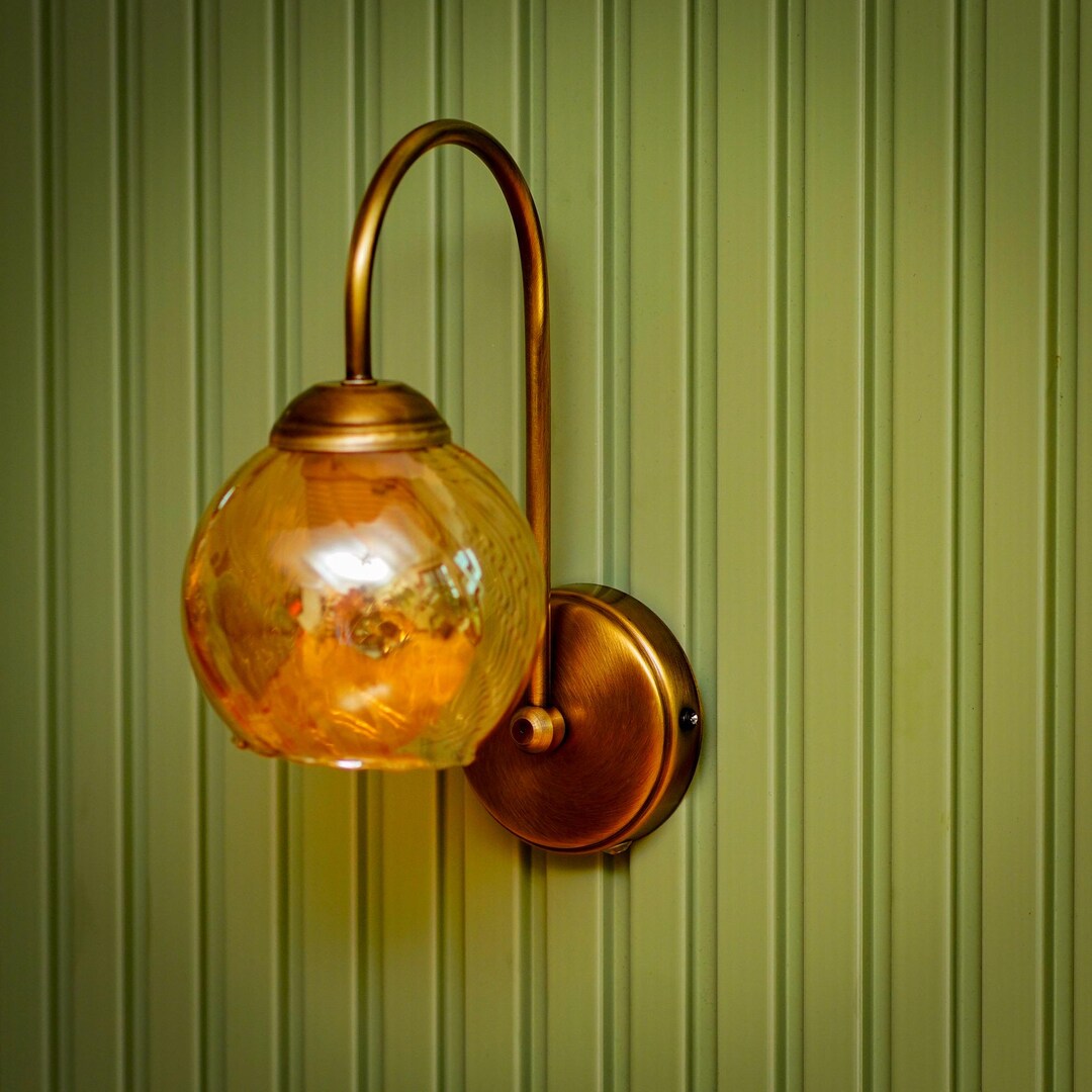 Vintage Inspired Amber Glass Sconce, Wall Lighting Fixture, Mid Century ...