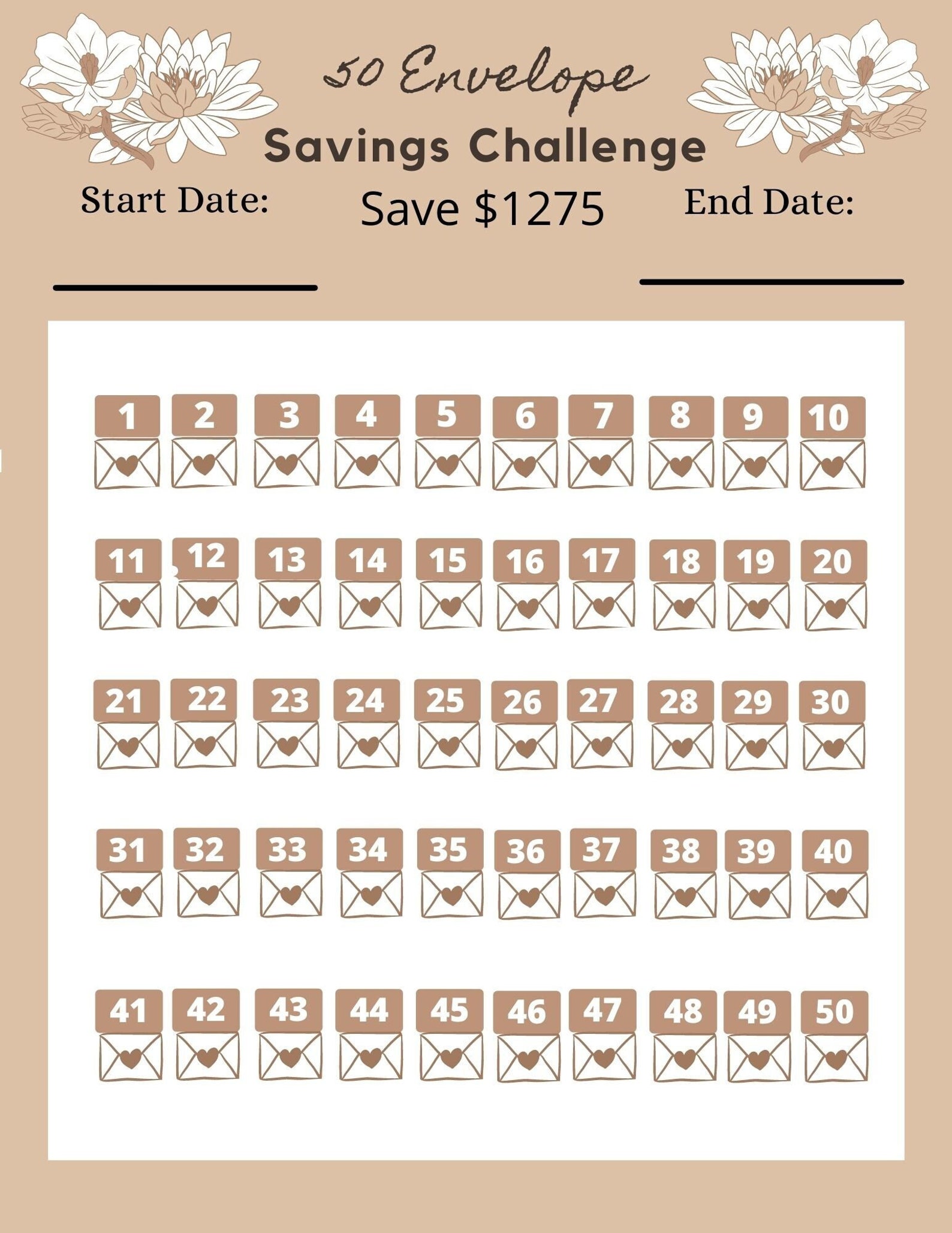 50 Envelope Savings Challenge Printable | Savings Challenge | 50 ...