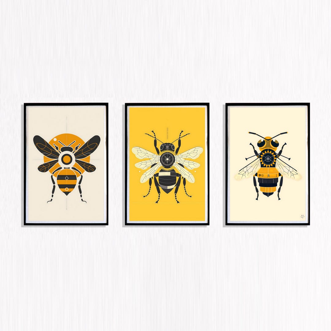 Steampunk Bee Wall Art – Retro Insect Decor, Set of 3, Vintage ...
