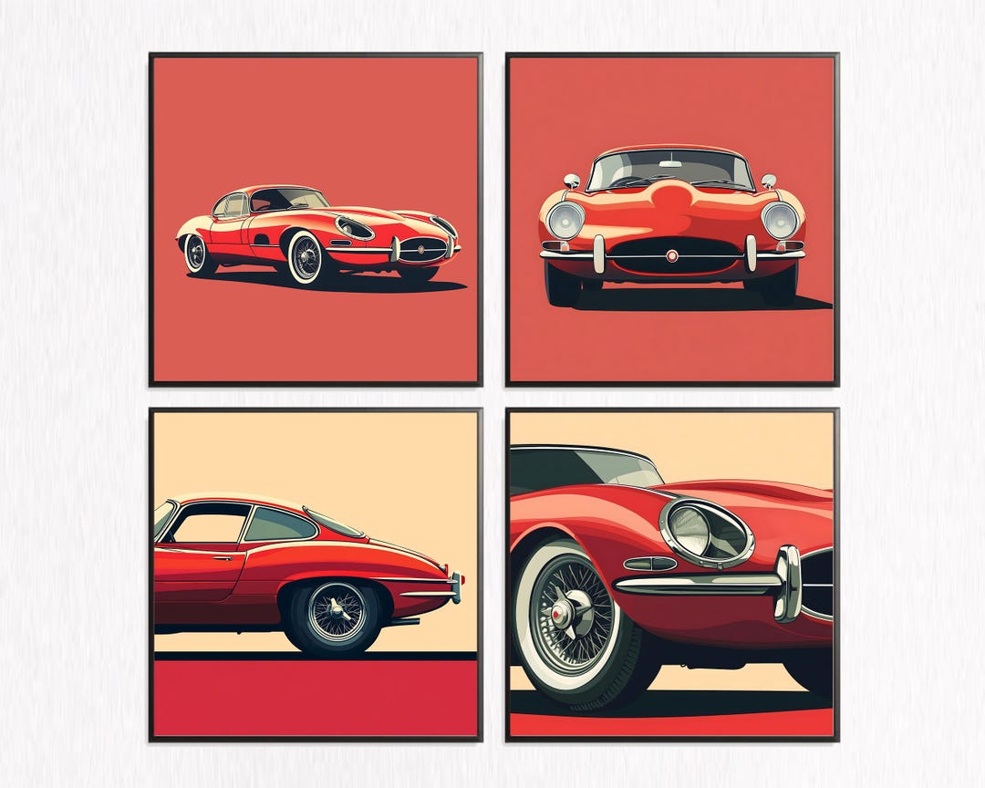 Vintage Retro Classic Car Wall Art, Jaguar E Type, Set of 4,antique ...
