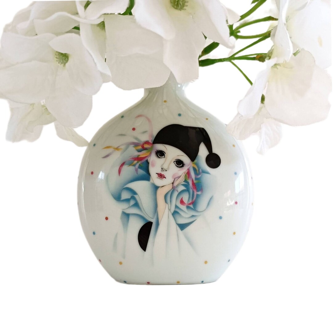 Saji Ceramic Vase, Sad Mime/ Clown Illustration With Polka Dot ...