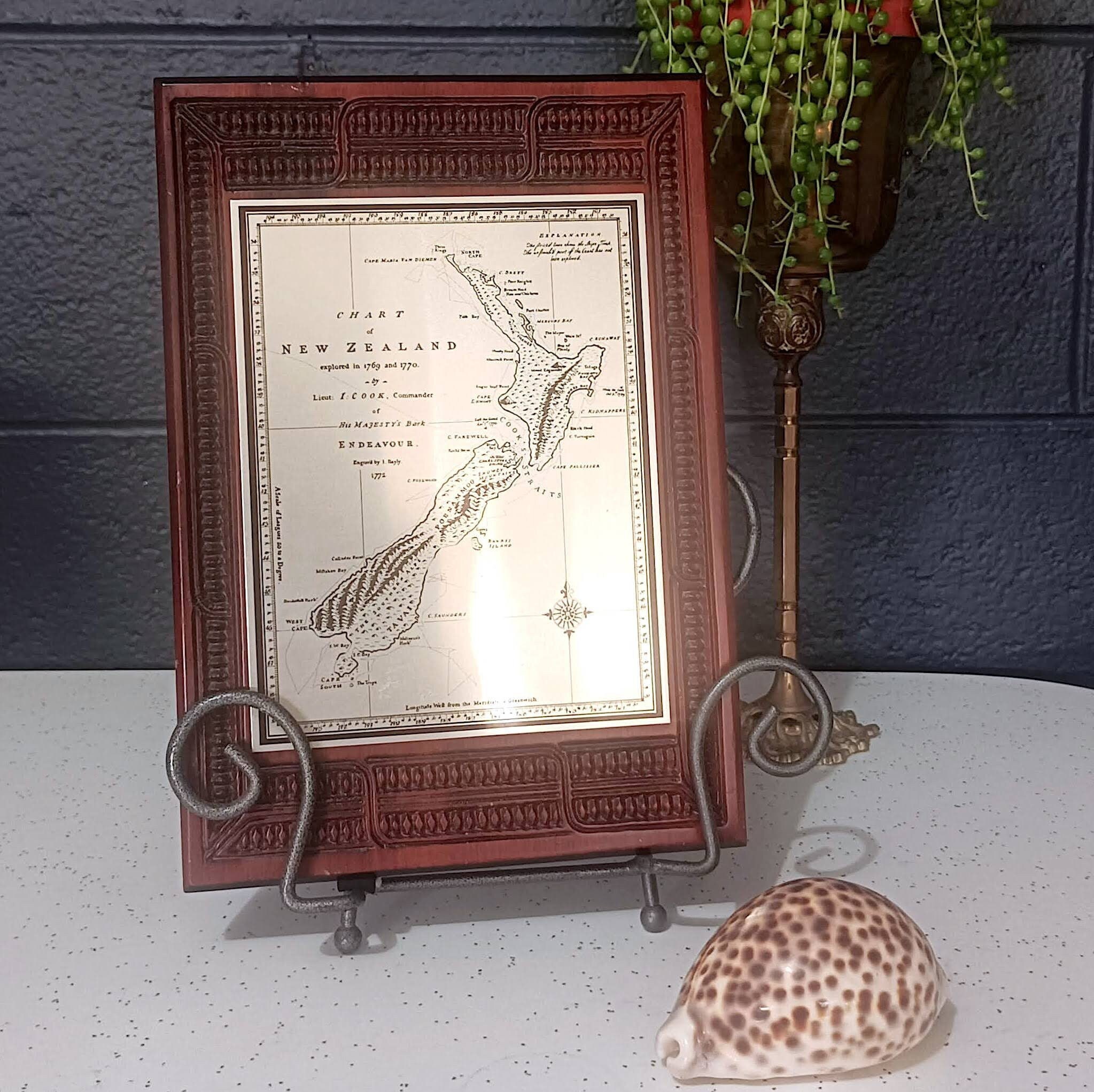 1970s New Zealand Metal Map With Maori Style Carved Wooden Frame ...