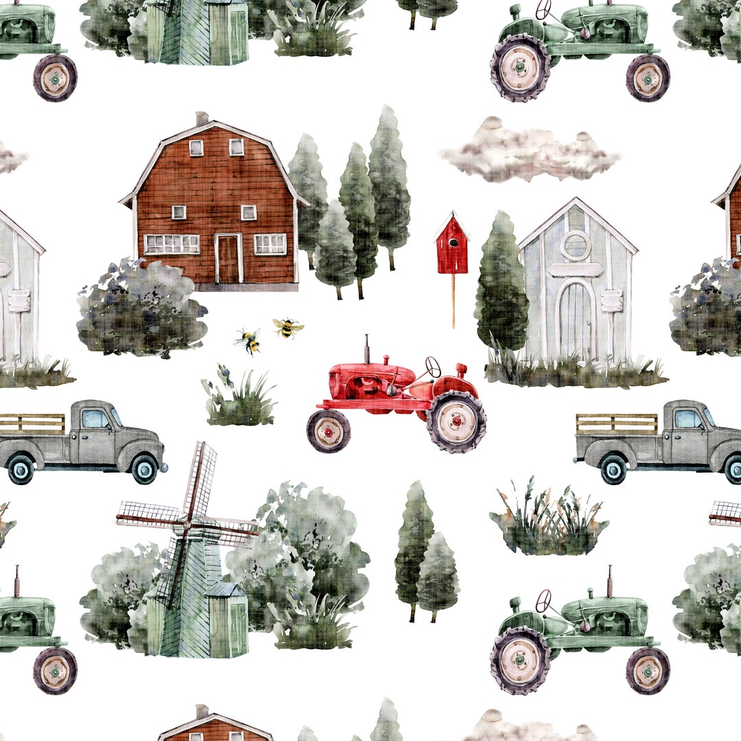 Vintage Farm Fabric, Tractors, Barn, Children's Fabric, Cotton Fabric ...