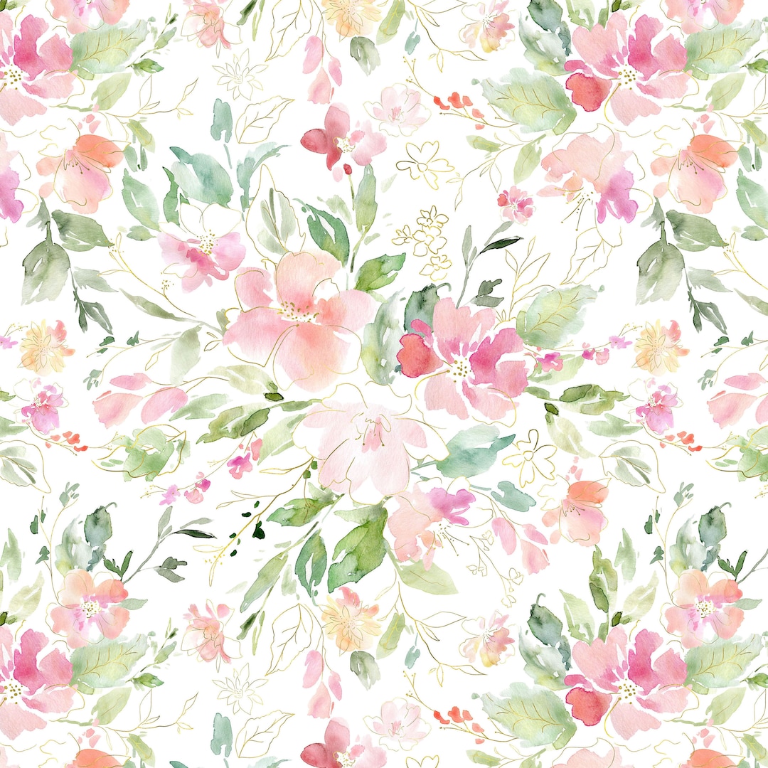 Darling Pink Floral Fabric, Light Pastel Flowers, Greenery, Colorful ...